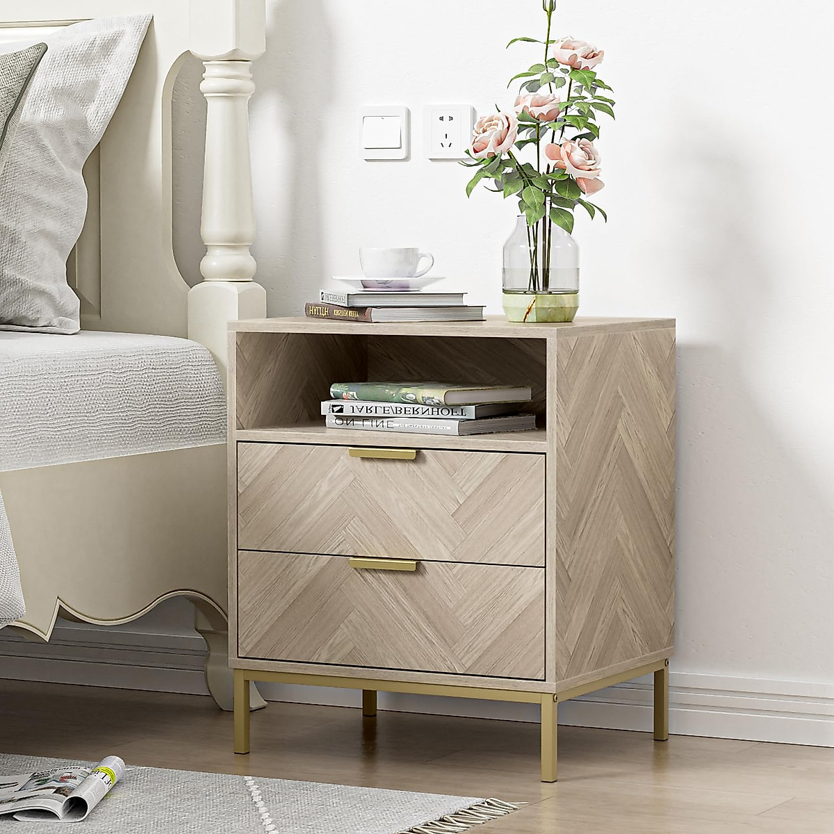 Anmytek Modern Nightstand for Bedroom, 2 Drawer Nightstand Square Bedside Table End Table with Storage for Bedroom, Sofa Side Table 2 Drawer Nightstand, Natural Oak, H0103