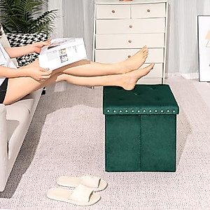 B FSOBEIIALEO Storage Ottoman Cube, Folding Tufted Ottomans with Storage,Coffee Table Top Cover, Toy Chest Storage Boxes Footrest Stool for Bedroom, Luxury Velvet Fabric 15.7 Inches Green