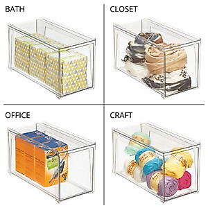 mDesign Plastic Stackable Bathroom Storage with Pull Out Bin Organizer Drawer for Cabinet, Vanity, Shelf, Cupboard, Cabinet, or Closet Organization - Lumiere Collection - 2 Pack - Clear
