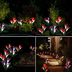 Hatstart Outdoor Solar Garden Lights,4 Pack Solar Patio Lights with 16 Bigger Lily Flower Lights Waterproof 7 Colors Changing LED Solar Powered Lights for Garden, Patio, Pathway