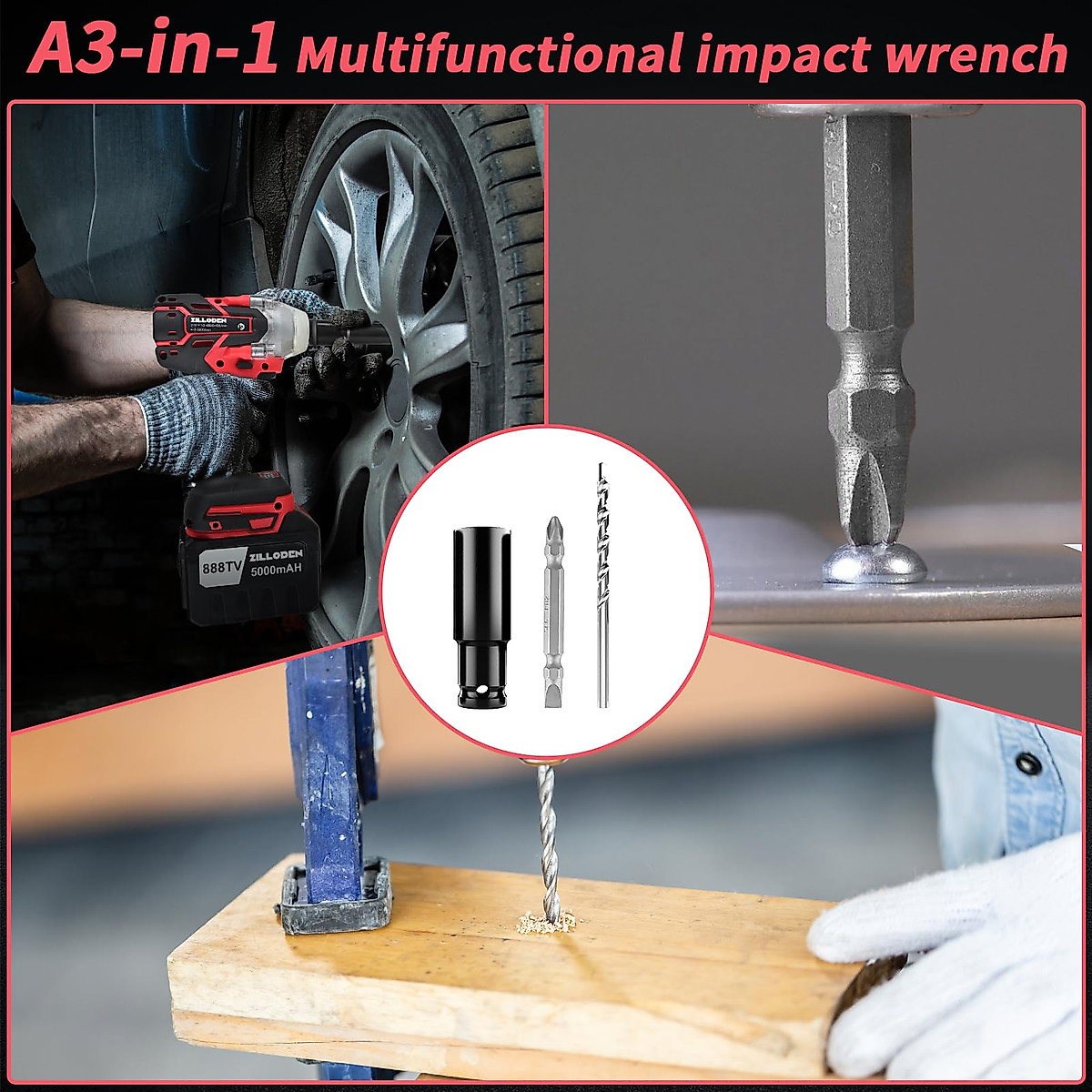 Cordless Impact Wrench, 21V Wrench Electric, 1/2 Impact Gun with 4-Mode Speed, Pistola de Impacto,Screwdrivers and Wrench 3-in-1, 331Ft-lbs(450N.m) Brushless, Power Impact Wrenches for Furniture, Cars