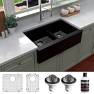 Karran QA-760 34" Undermount Large/Small Bowl Quartz Farmhouse Kitchen Sink Kit in Black