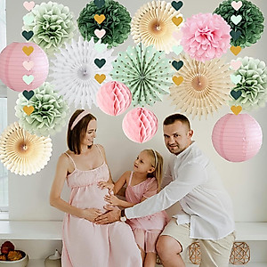 Sage Green and Pink Party Decorations Olive Sage Green Pink Paper Pom Poms Paper Fans Sage Pink Gold Love Heart Garland for Women Girls Sage Pink Birthday Baby Shower Wedding Bridal Shower Party Decor