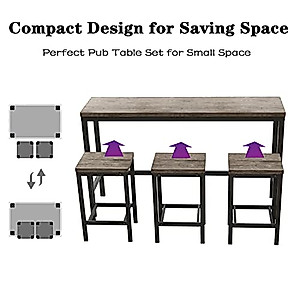 4-Piece Pub Table Set, Counter Height Extra Long Dining Table Set with 3 Stools, Pub Kitchen Set Side Table with Footrest, Wood Pub Bar Table Set Perfect for Breakfast Nook (Brown Gray, 1+3)