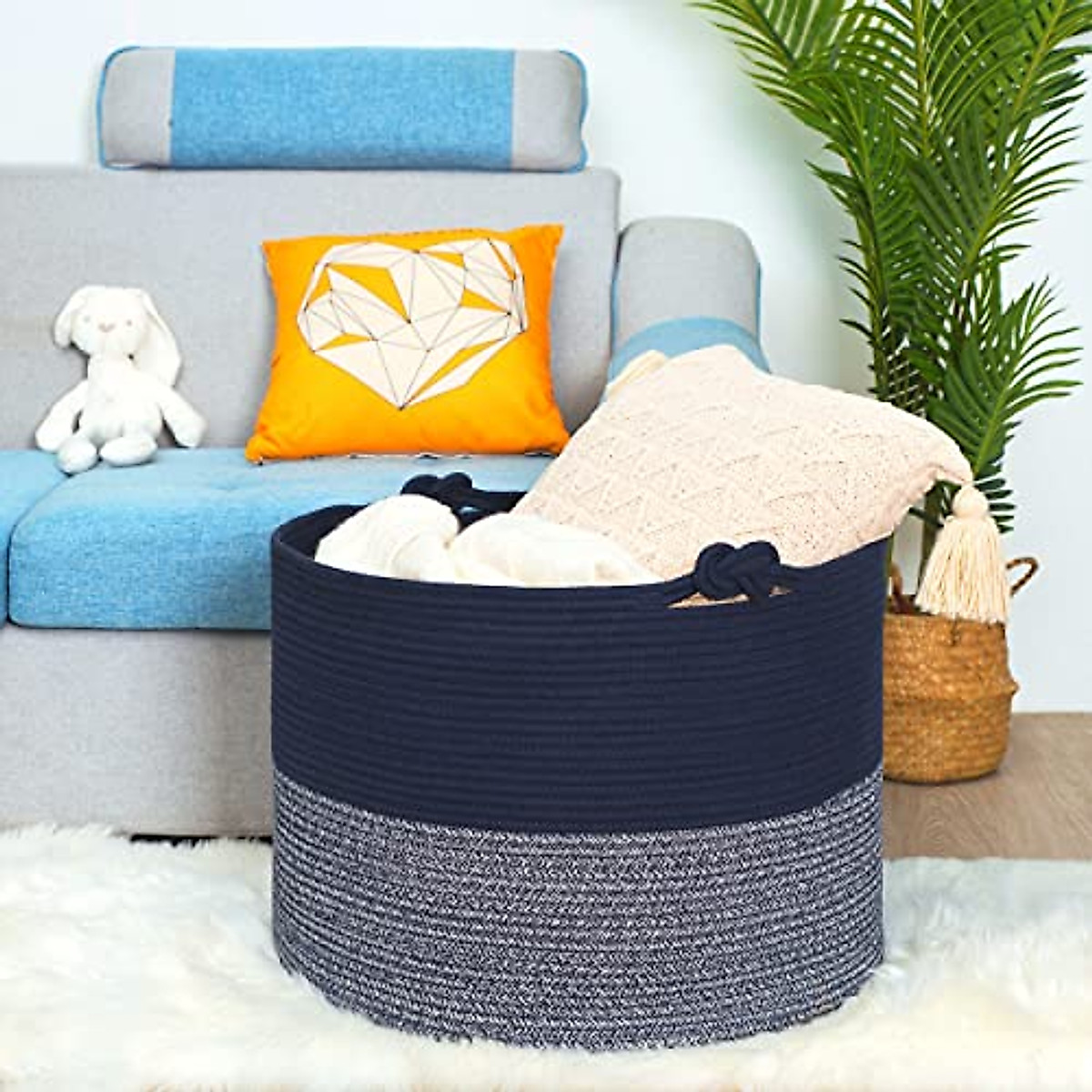 MINTWOOD Design XXXXLarge 22 x 16 Inches Decorative Cotton Rope Basket, Blanket Basket Living Room, Laundry Basket, Woven Basket, Toy Storage Baskets Bin, Round Basket for Pillows, Towels, Navy Blue