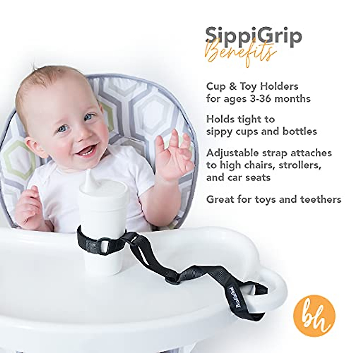 BooginHead SippiGrip Sippy Cup Strap & Baby Bottle Holder 3-Pack, Pink, Green, and Purple