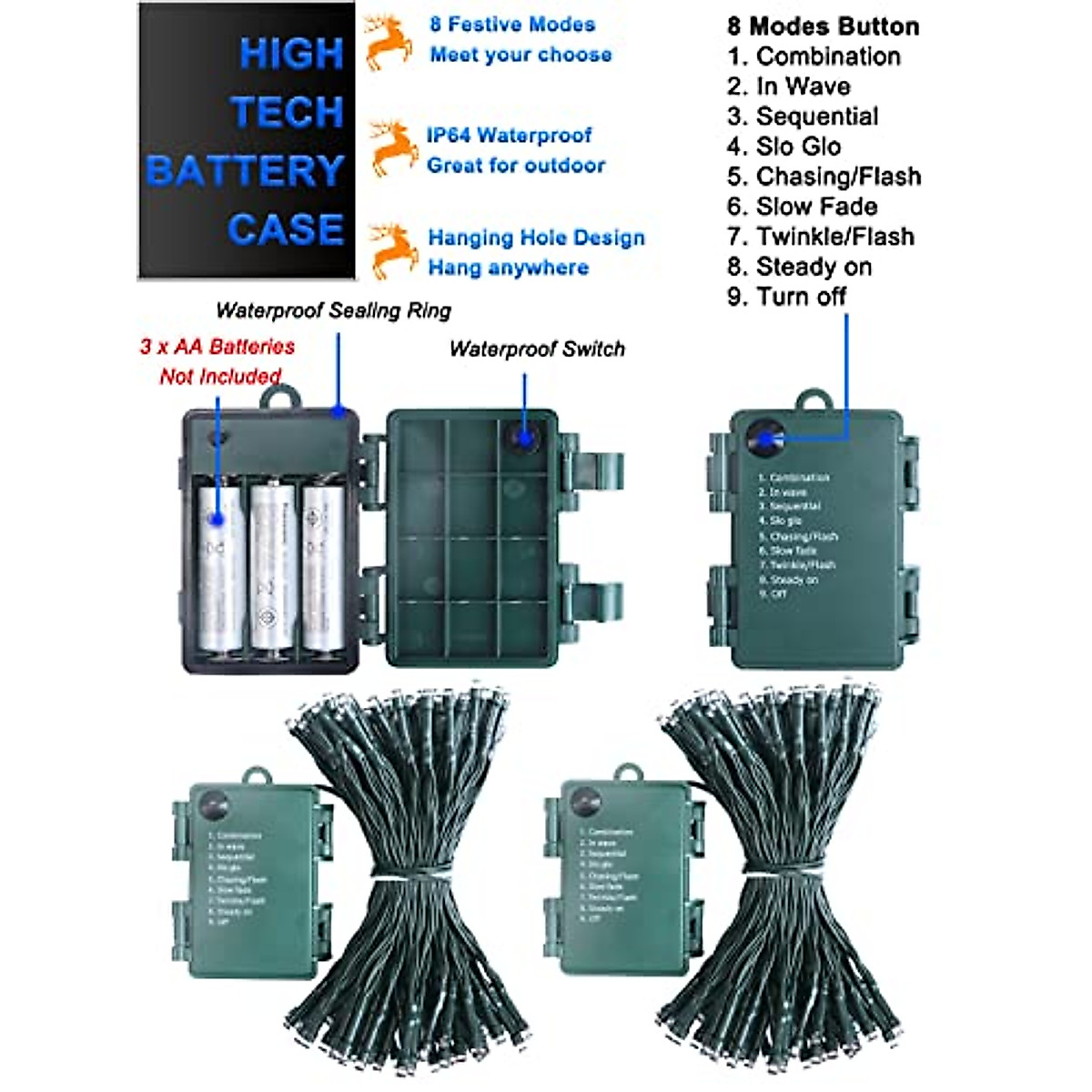 2 Pack Each 32.8ft 120 LED Battery Operated Christmas Tree Lights Indoor Outdoor Cluster String Lights with Timer 8 Modes Dark Green Wire Fairy Light for Xmas Bedroom Garden Decorations (Multicolor)