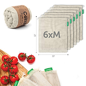 6 Reusable Produce Bags Grocery Washable | Organic Cotton Mesh Produce Bags | Double-Stitched & Tare Weigh | Mesh bags for vegetables | Cotton Produce Bags Reusable Washable | Produce bag (M size)