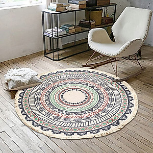 Poowe Round Cotton Rug Woven Tassel Throw Rug Washable Area Rug for Living Room Bedroom Kitchen Bathroom (Shapes)