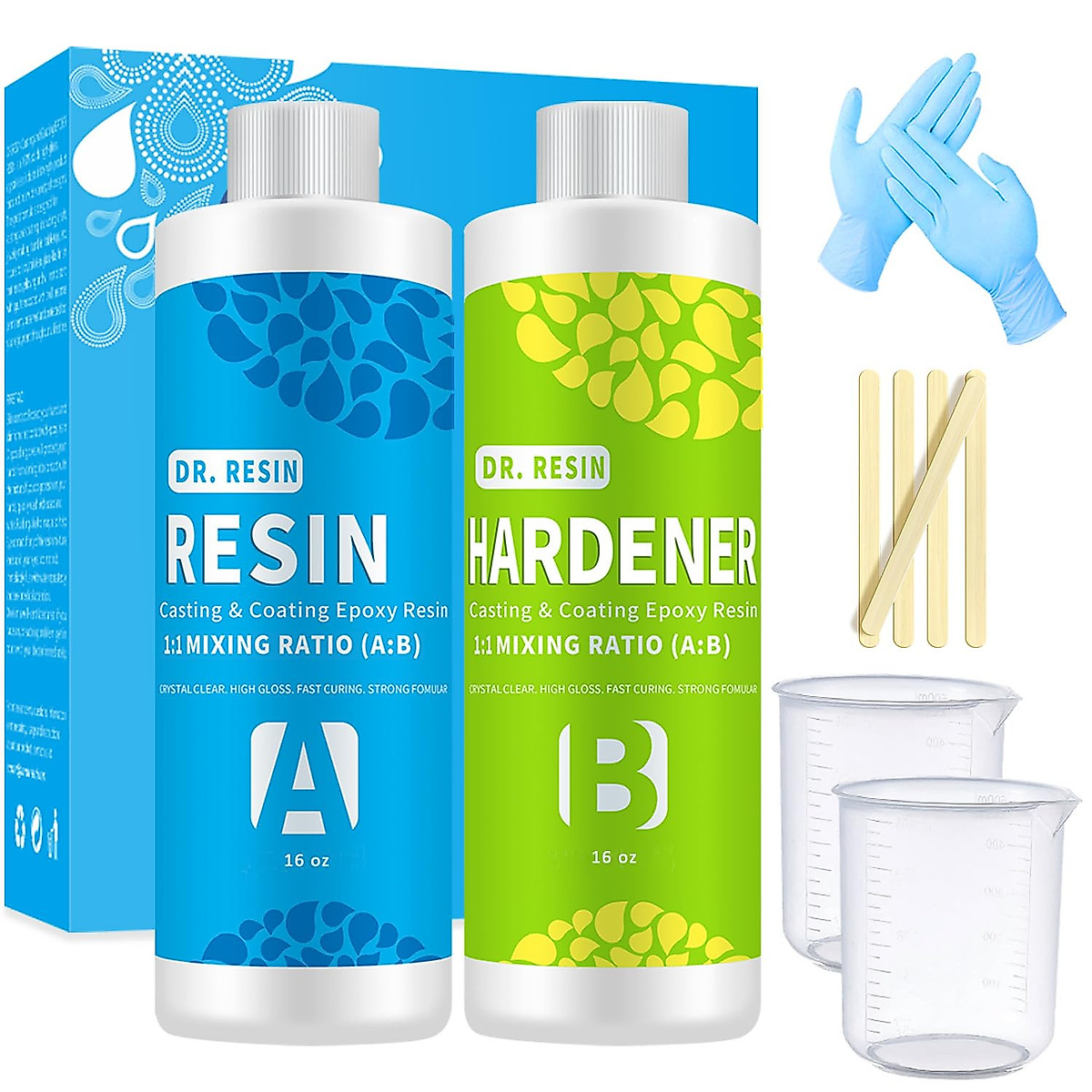 DR. RESIN Clear Epoxy Resin Kit 2 Part Art Resin 32 oz Crystal Countertop Epoxy Kit with Measuring Cups Sticks Spreader Gloves