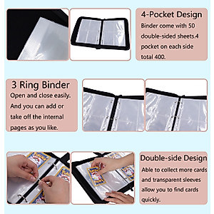 Roffatide 4 Pocket Binder Cards with 50 Removable Double Sided Pages Sheets Trading Card Binder Holds Up to 400 Cards Pockets Zipper Album For Boys Girls