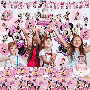 Pink Mouse Party Supplies, Pink Mouse Birthday Party Decorations Include Banner, Hanging Swirls, Cake Foil Balloons, Latex Balloons, Cake Toppers, Tableware, Tablecloth