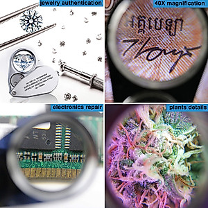 2 Pack 40X Illuminated Jewelers Loop, JLY Pocket Folding Full Metal Jewelers Loupe Magnifying Glass with Lights for LED Currency Detecting, Jewelry Identifying, Rock Collecting, Stamps Coins 1