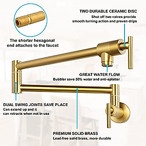 Pot Filler Faucet 24 Inch Brushed Brass Wall Mount Kitchen Restaurant Sink Faucet Folding Stretchable with Single Hole Two Handles, Gold
