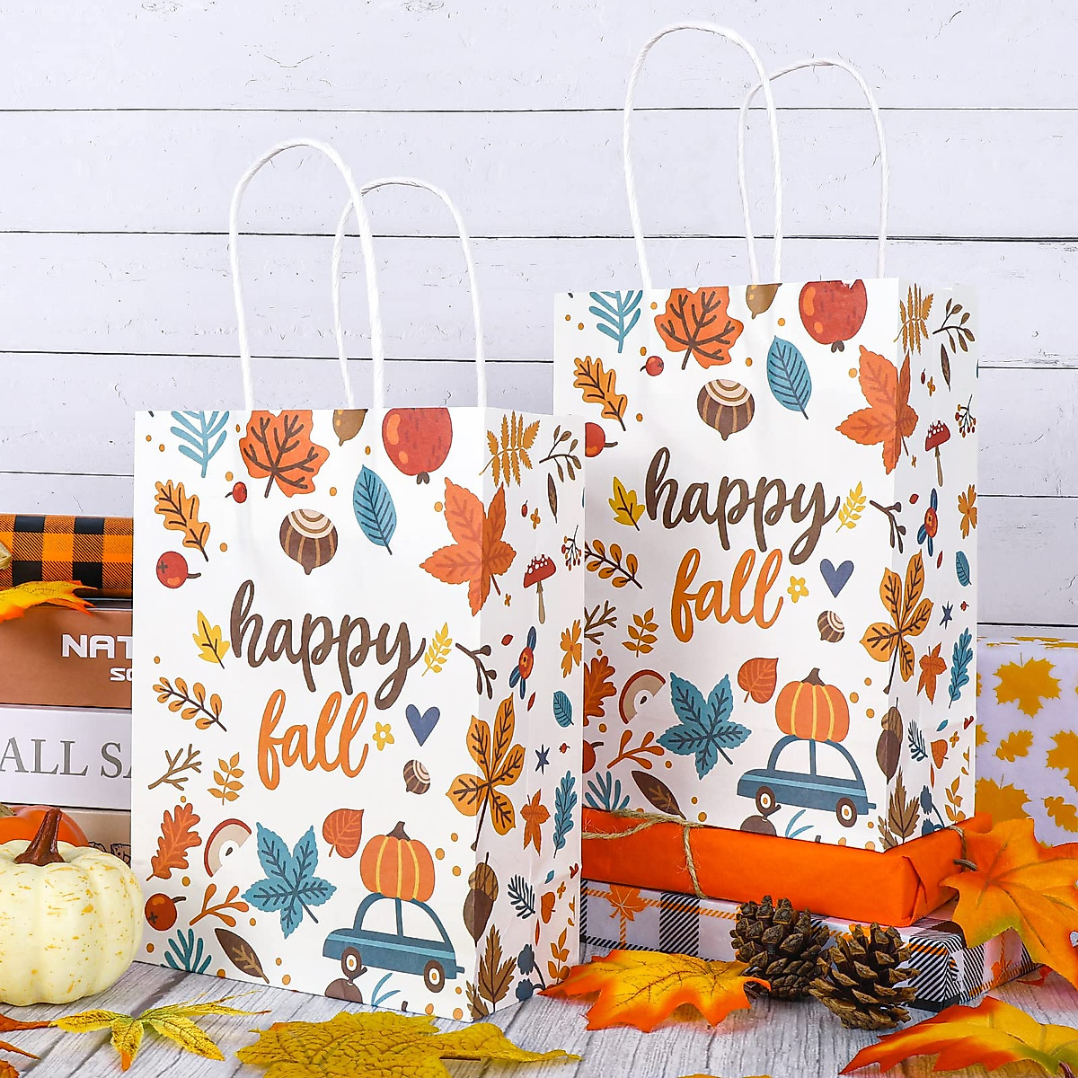 AnyDesign 16Pcs Happy Fall Gift Bags Maple Leaves Pumpkin Paper Bags with Handle for Thanksgiving Day Fall Themed Wedding Birthday Bridal Shower Party Favors, 5.9 x 8.3 x 3.2 Inch