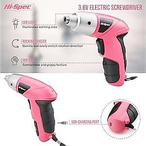 Hi-Spec 27pc 3.6V Pink USB Small Power Electric Screwdriver Set for Women. Cordless & Rechargeable with Driver Bit Set