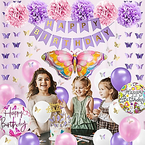 Iysoll Butterfly Birthday Party Decorations Supplies pink and purple butterfly decorations for girls Happy Birthday Banner Paper Pom Poms Foil Balloons 3D Butterfly Wall Decor Butterfly Garland