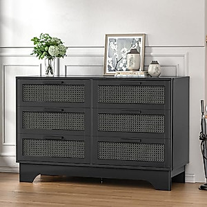 Anmytek Black Rattan 6 Drawer Dresser for Bedroom, Wood Dressers for Bedroom, Natural Wood Storage Wide Dressers & Chests of Drawers Large Storage Cabinet for Closet, Bedroom and Entryway, H0110