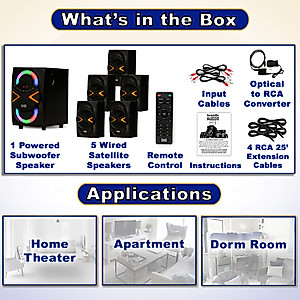 Acoustic Audio AA5210 Home 5.1 Speaker System with Bluetooth, LEDs, FM, Optical Input and 4 Ext. Cables