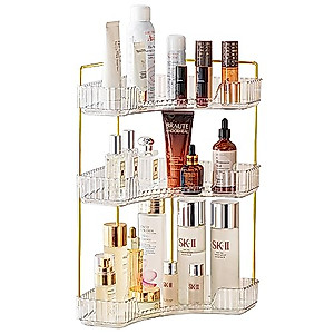 YCIA&DONE Corner Counter Bathroom Organizer Countertop, 3 Tiers Cosmetic Perfume Tray, Vanity Organizer for Makeup, Skincare, Clear Corner Rack for Bedroom, Bathroom, Kitchen(Clear White)