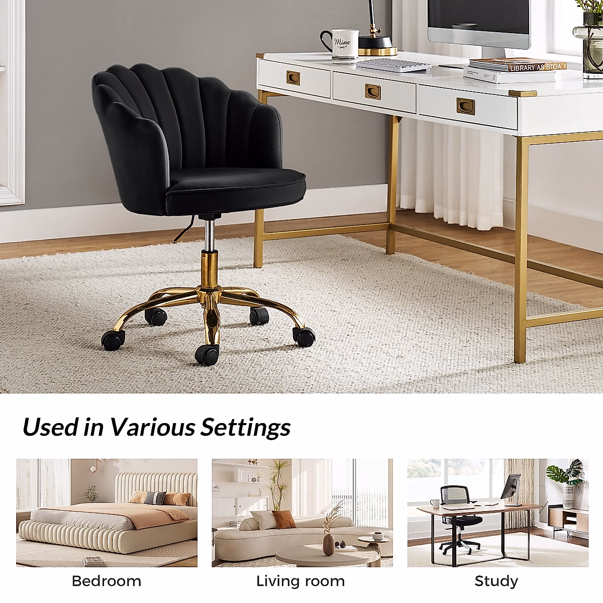 HULALA HOME Velvet Home Office Desk Chair, Modern Shell Back Makeup Vanity Chair with Wheels, Swivel Height Adjustable Cute Task Chair for Women Girls, Black