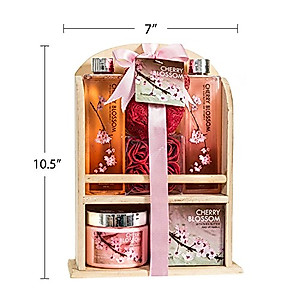 Home Spa Gift Basket - Deluxe Cherry Blossom Fragrance - Luxury Bath & Body Set For Women - Contains Shower Gel, Bubble Bath, Bath Salts, Body Lotion, Bath Puff, Pink Bath Rose Soaps in Wooden Curio