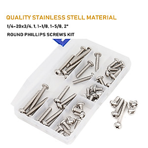binifiMux 50pcs 1/4-20 Inch Round Head Phillips Machine Screws Assortment Kit, 304 Stainless Steel Silver Tone, 1/4 x 3/4,1,1-1/8,1-5/8,2 Inch