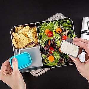 WeeSprout 18/8 Stainless Steel Bento Box (Large) - 3 Compartment Metal Lunch Box, for Kids & Adults, Bonus Dip Container, Fits in Lunch & Work Bags, Dishwasher & Freezer Friendly