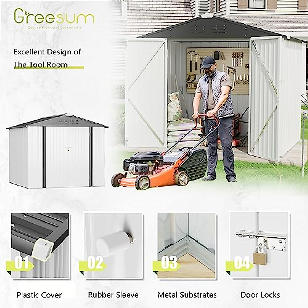Greesum Metal Outdoor Storage Shed 8FT x 6FT, Steel Utility Tool Shed Storage House with Door & Lock, Metal Sheds Outdoor Storage for Backyard Garden Patio Lawn, White