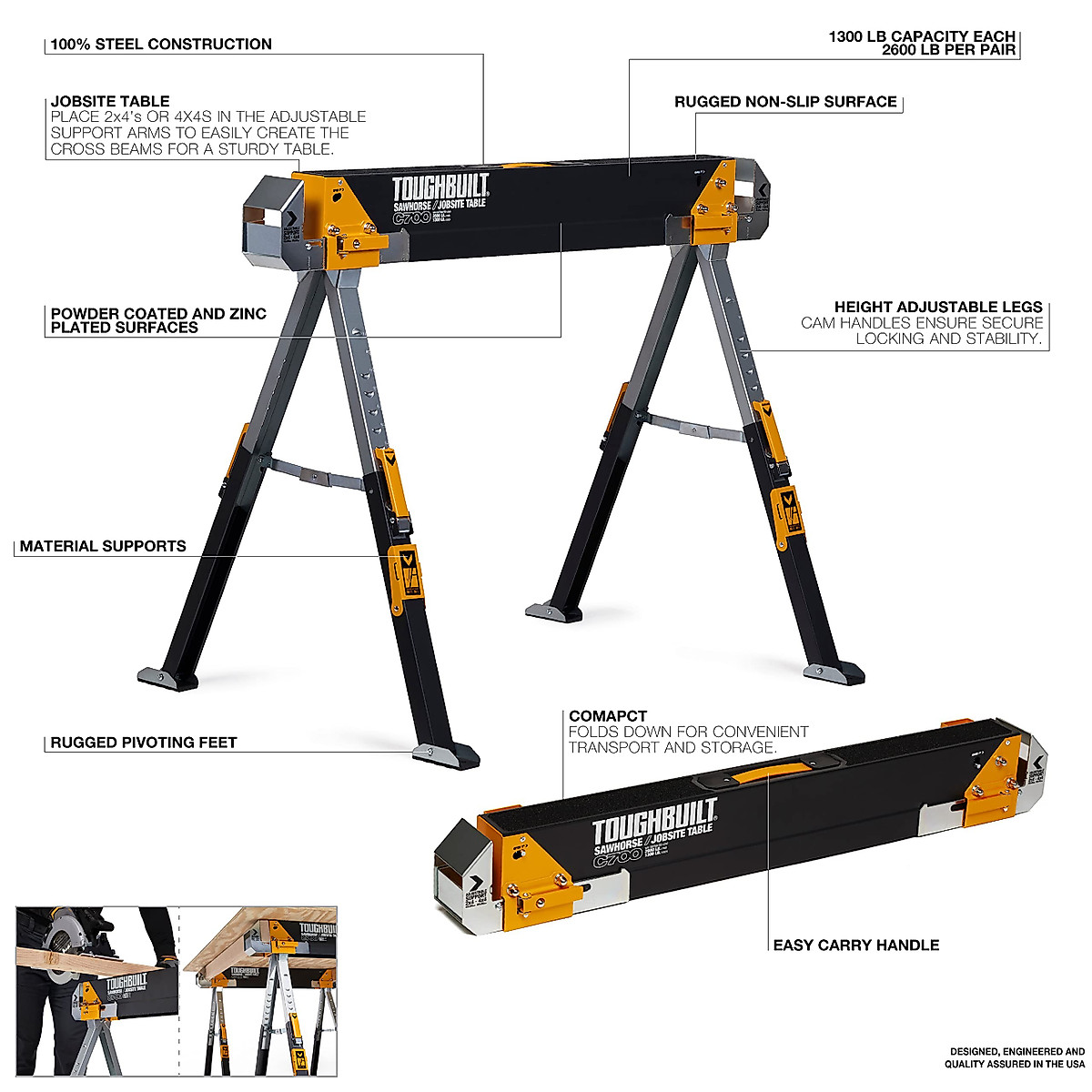 ToughBuilt - Folding Sawhorse - Sturdy, Durable, Lightweight, Heavy-Duty, 100% High Grade Steel - Adjustable up to 4x4 Size Support Arms - 1300 LB Capacity - (TB-C700) - 2 Pack