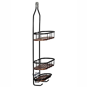 Utopia Alley Tia Rustproof Teak Overhead Shower Caddy with 3 Shelves - Decorative Shower Rack for Shampoo & Toiletries Storage, Hanging Shower Head Organizer - Black Finish