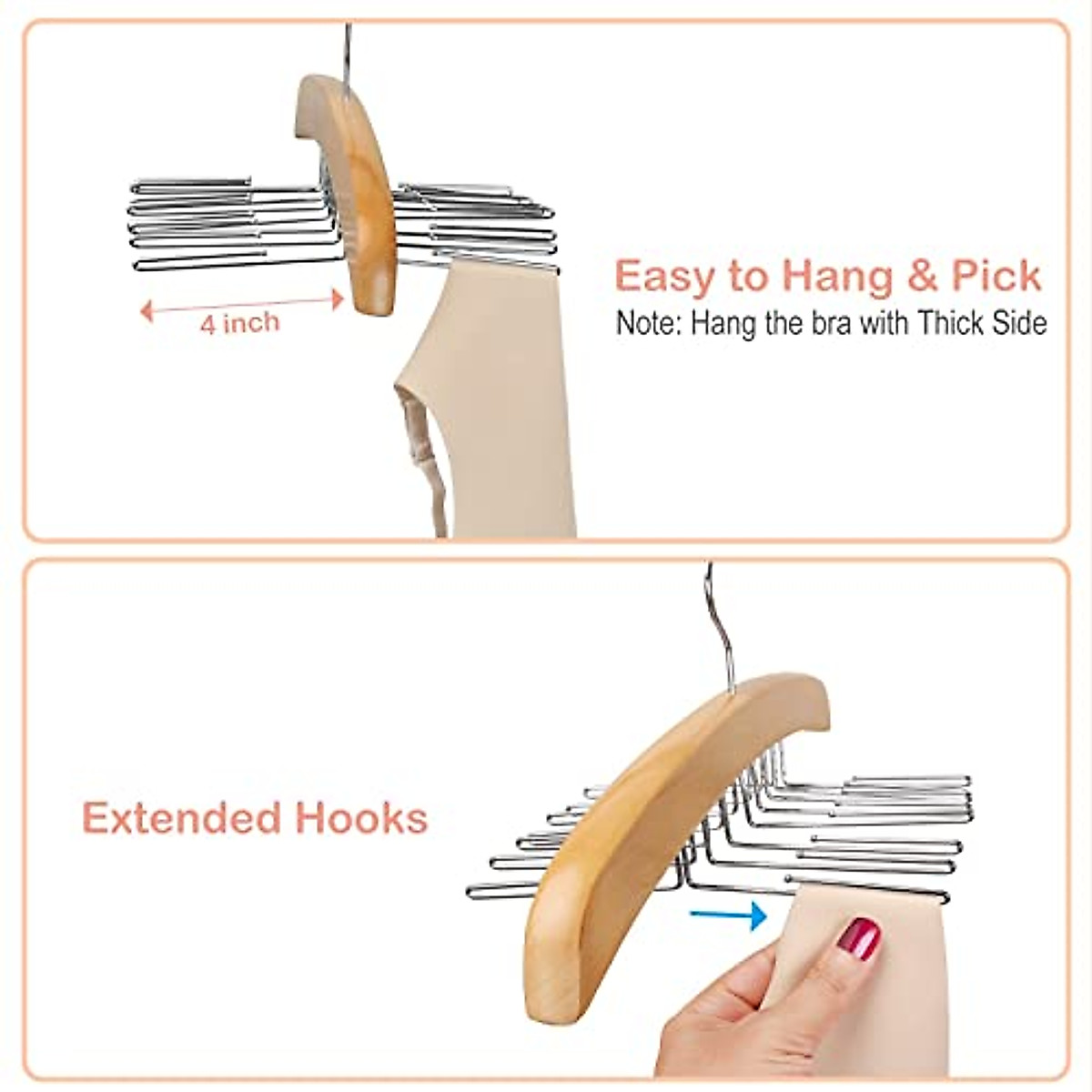 Bra Hanger Organizer with Premium Wood, 16 Large Capacity, Space Saving, 360° Rotating, Foldable Metal Hooks, Resovo Bra Closet Organizer for Bras, Tank Tops, Bathing Suits, Ties-Wood