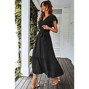 PRETTYGARDEN Women's 2023 Floral Boho Dress Wrap V Neck Short Sleeve Belted Ruffle Hem A-Line Flowy Maxi Dresses (Solid Black,Large)