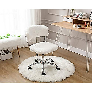 White Home Office Chair Cute Fluffy Vanity Chair with Back Task Upholstered Fur Armless Swivel Desk Chair for Study Room, Height Adjustable