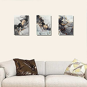 JGSHJF 3 Panel Canvas Wall Art Prints Black and White Grey Abstract Modern Framed Gold Fluid Lines Ink Painting Marbling Picture Home Bedroom Decor Print Poster Contemporary Hanging Artwork (12X16)