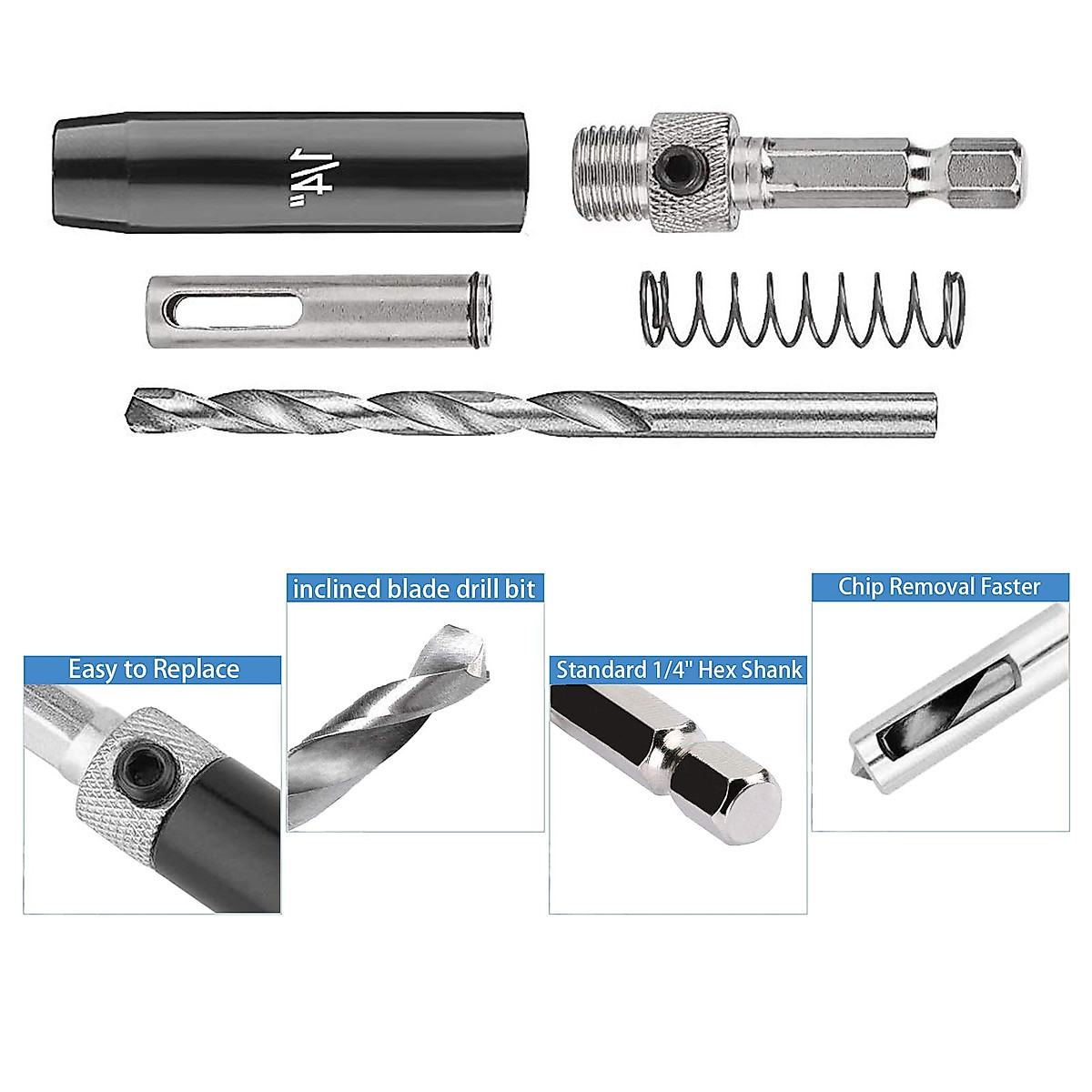 22PCS Self Centering Drill Bit Set, Door Window Cabinet Hinge Hardware Drill Bits, 10 Tapper Core Hole Puncher with 10 Replacement Drill Bits & Hex Key & Center Punch