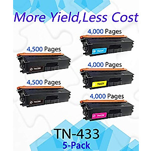 (5-Pack, 2X BK/C/M/Y) Compatible TN-433BK TN-433C TN-433M TN-433Y Toner Cartridge TN-433 for Brother HL8260CDN L8360CDW TL9310CDW MFC-L8690CDW L8610CDW Printer, Sold by EasyPrint