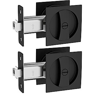 Aesytava Black Pocket Door Hardware, 2 Pack Matte Black Pocket Door Lock for Bathroom, Heavy Duty Solid Square Pocket Door Hardware(2 Pack)