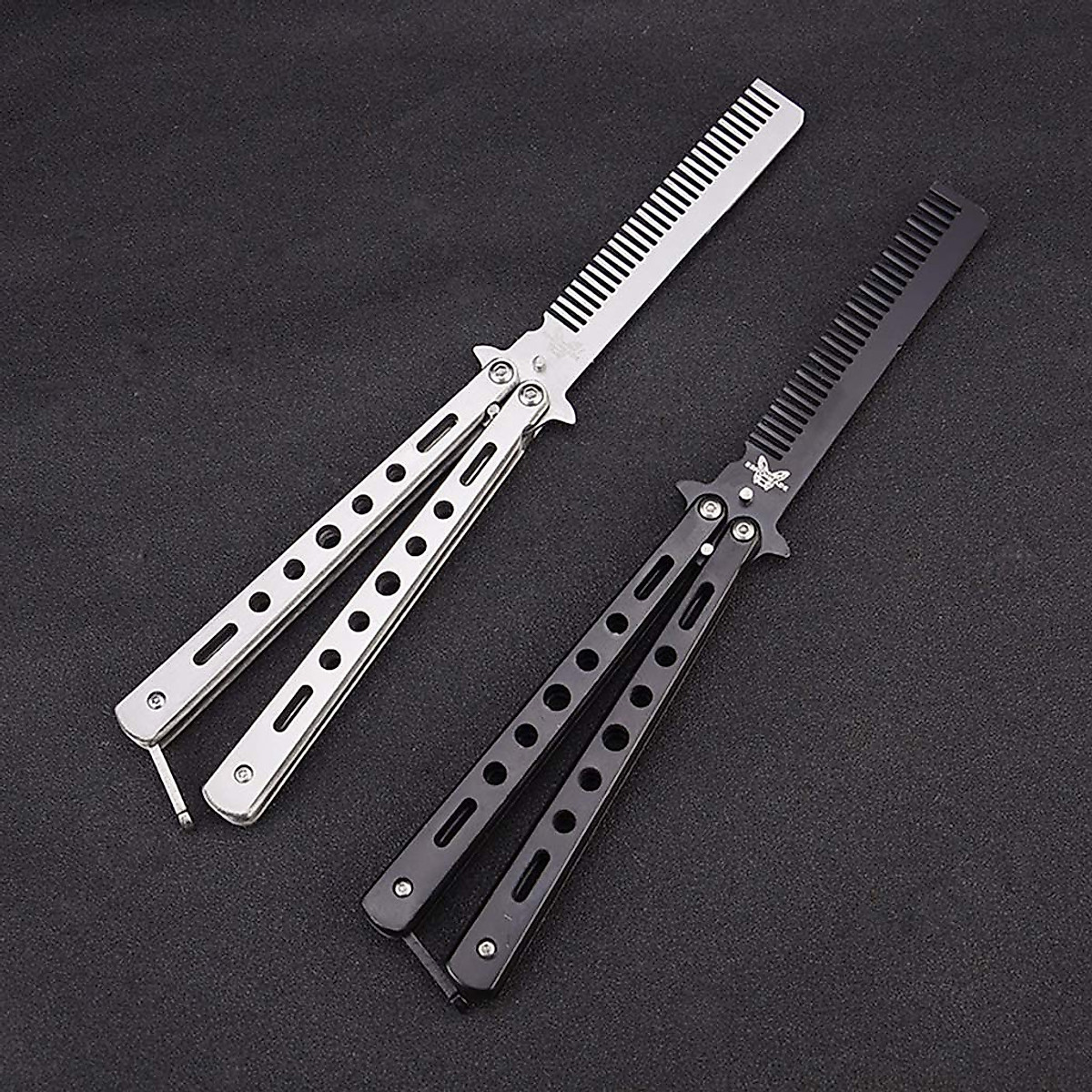 ZERIRA 2 Pcs Outdoor Camping Practice Comb Butterfly Comb Knife Novel Stainless Steel Butterfly Comb Modeling Tool