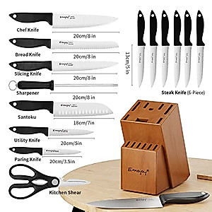 Knife Set 15-Piece Kitchen Knife Set with Sharpener Wooden Block and Serrated Steak Knives,Emojoy Germany High Carbon Stainless Steel Knife Block Set,Black
