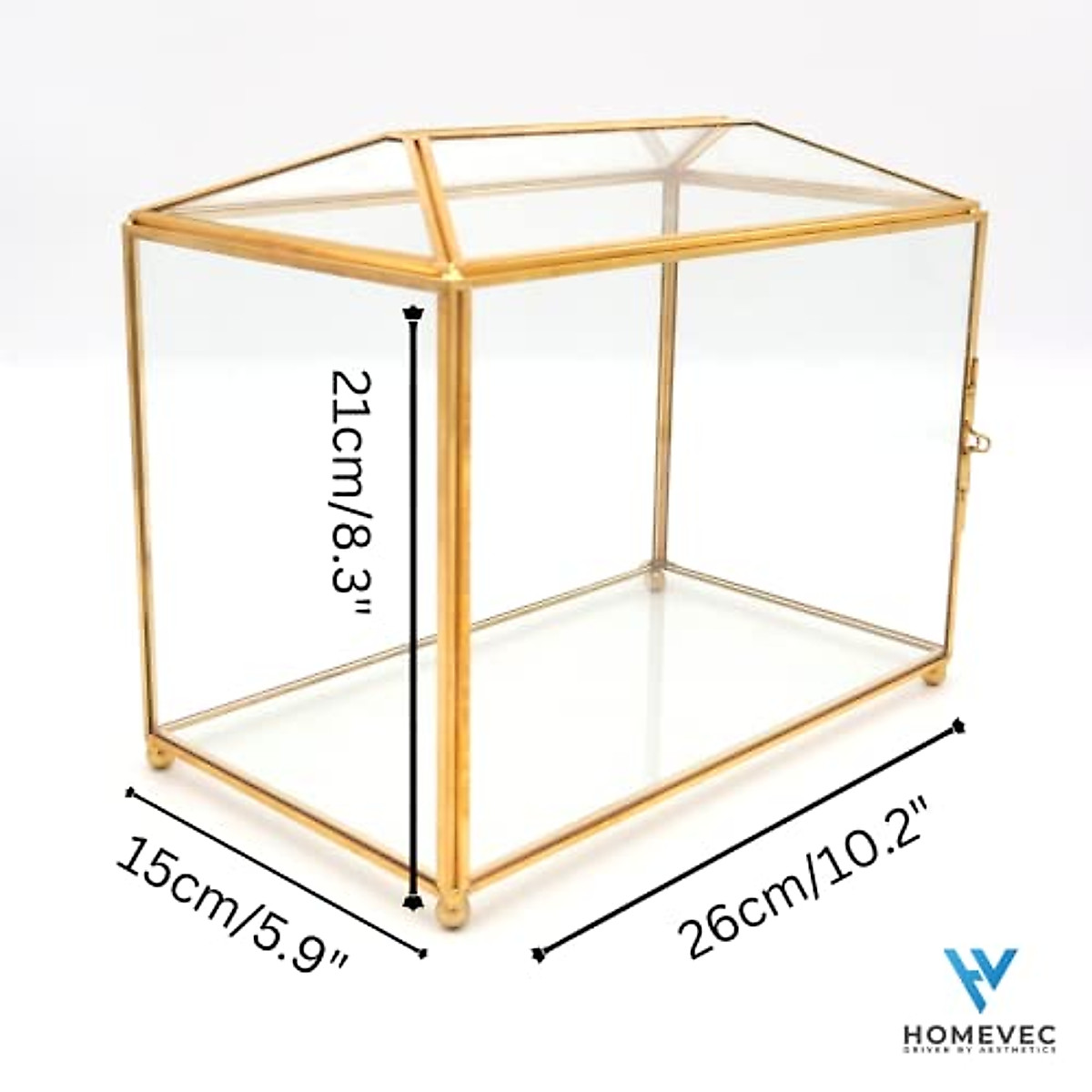 Homevec 10” Gold Glass Card Box for Wedding Reception, Honeymoon Fund, Graduation, Birthday or Baby Shower - Handmade Gold Terrarium Box with Lock for Envelopes and Gifts - 10.2 L x 5.9 W x 8.3 H”
