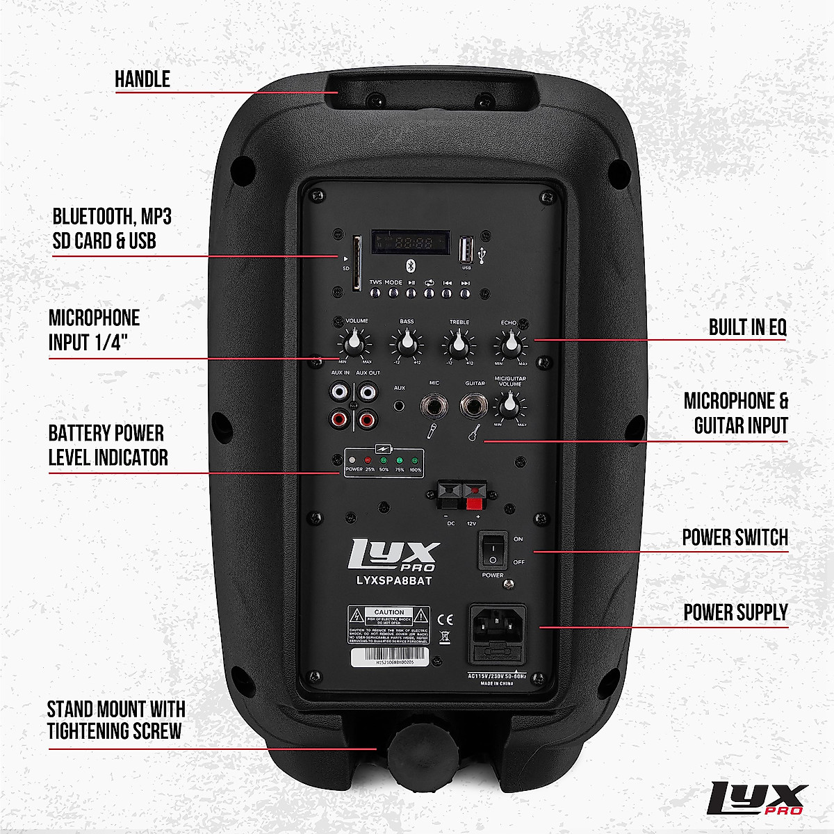 LyxPro 8” Inch Active PA Rechargeable Battery Speaker System, Equalizer, Bluetooth Connection, SD Slot USB MP3 AUX, Mic,1/4" 1/8" 3.5mm Inputs, SPA-8 Battery