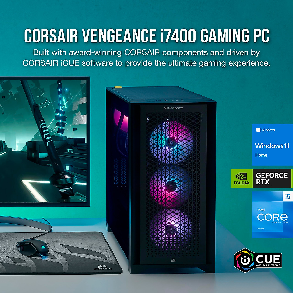 Corsair Vengeance i7400 Series Gaming PC - Liquid Cooled Intel® Core™ i5 13600K CPU - NVIDIA® GeForce RTX™ 4060 Ti GPU - 1TB M.2 SSD - 16GB Vengeance RGB DDR4 Memory - Black