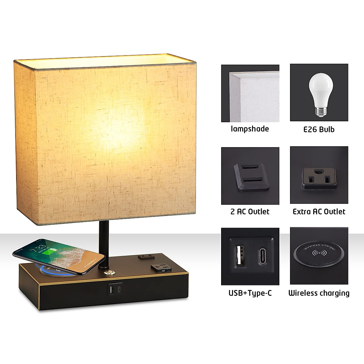 Kukobo Bedside Table Lamp with Wireless Charger, Touch Control Table Lamp for Bedroom Living Room, 3 Way Dimmable Nightstand Lamp with Type C + USB Port and 2 AC Outlets, 6W Blub Inclued(Black).