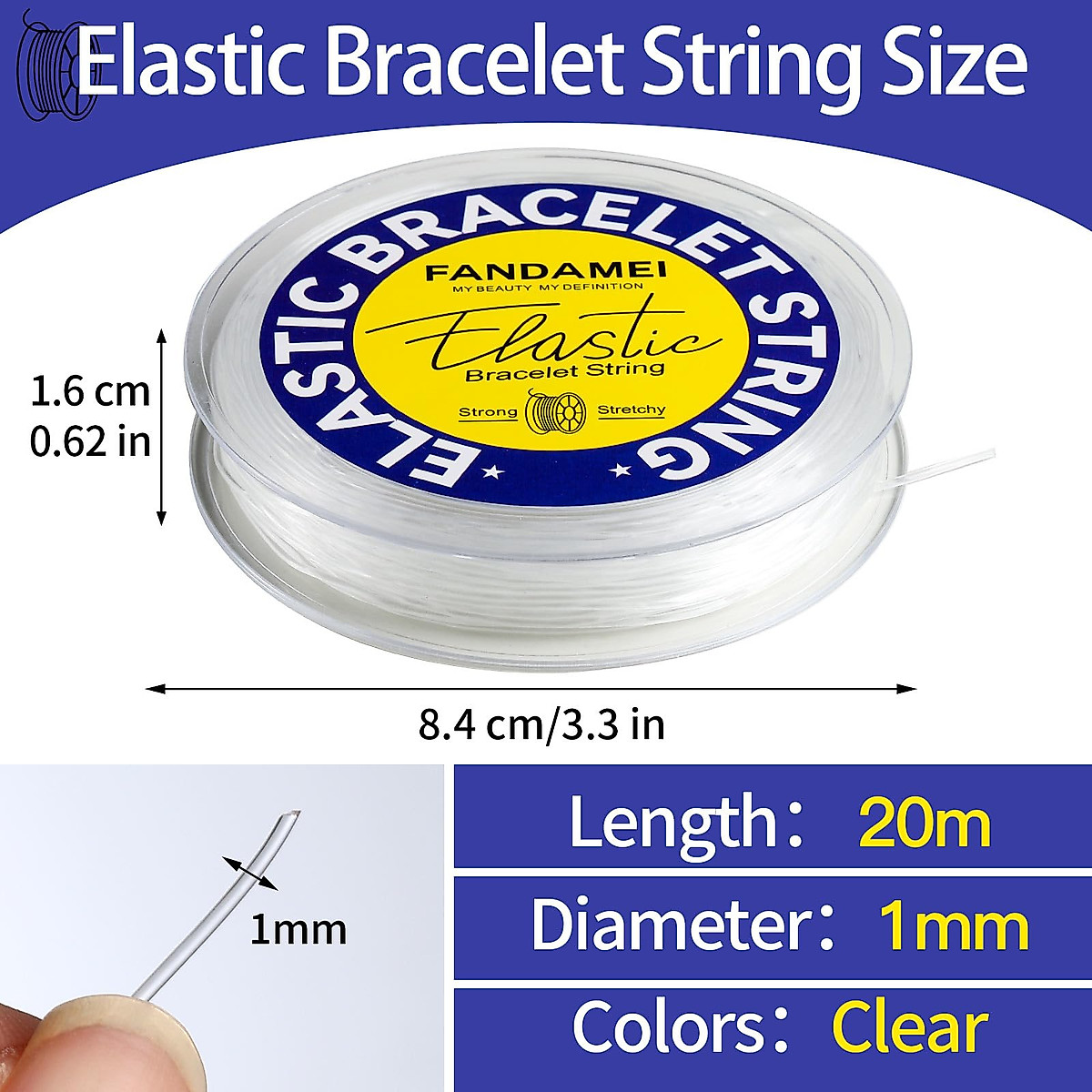 FANDAMEI 1mm Elastic Bracelet String Cord, Crystal Stretch Bead Cord for Bracelets Jewelry Making, Clear Stretchy Elastic String for Beading, Transparent Thread for Bracelet Necklace Making