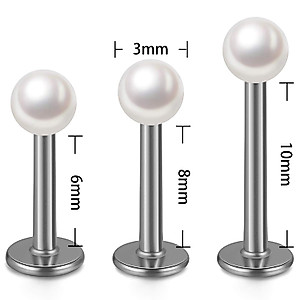FM FM42 Stainless Steel 3mm Diameter Simulated White Pearl 16G 6/8/10mm Height Labret Monroe Stud (Pack of 6)