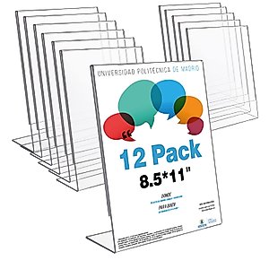Acrylic Sign Holder 8.5 x 11 Inches, Slant Back Clear Table Top Display Plastic Stand, Double Sided, Display Stand, Acrylic Frame for Store, Homes, Restaurants, Offices - Vertical 12 Pack