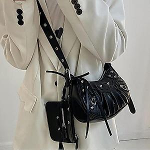 CATMICOO Shoulder Bag for Women Punk Style Rivet Satchel Handbags Y2K Purse with Removable Zipped Pouch