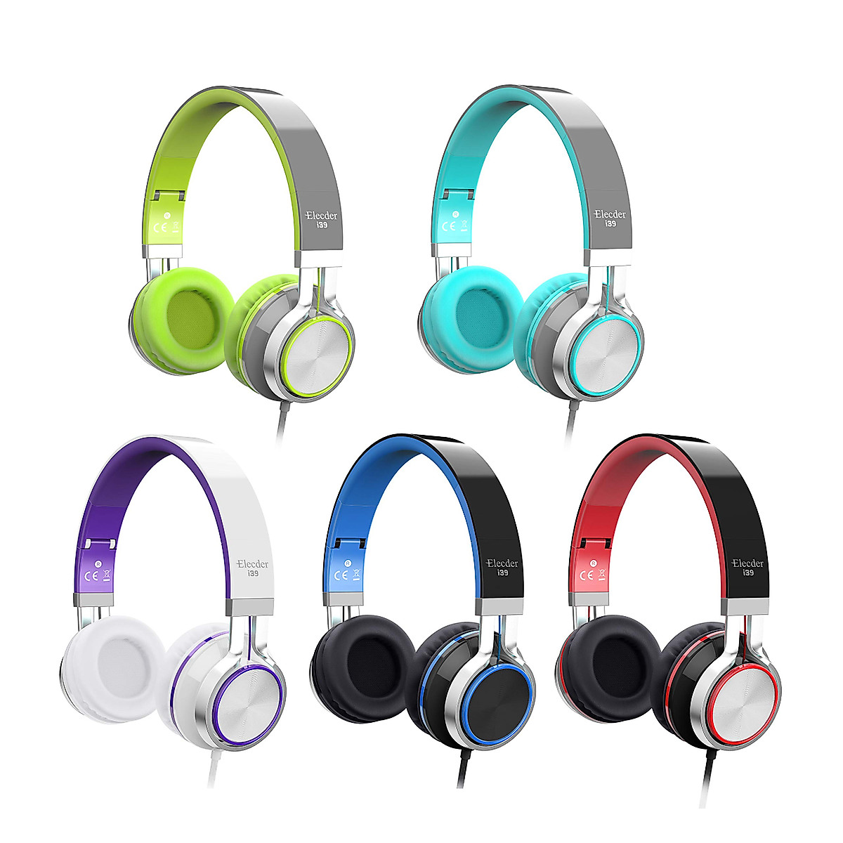 ELECDER i39 Headphones with Microphone Foldable Lightweight Adjustable On Ear Headsets with 3.5mm Jack for Cellphones Computer MP3/4 Kindle School Red/Black