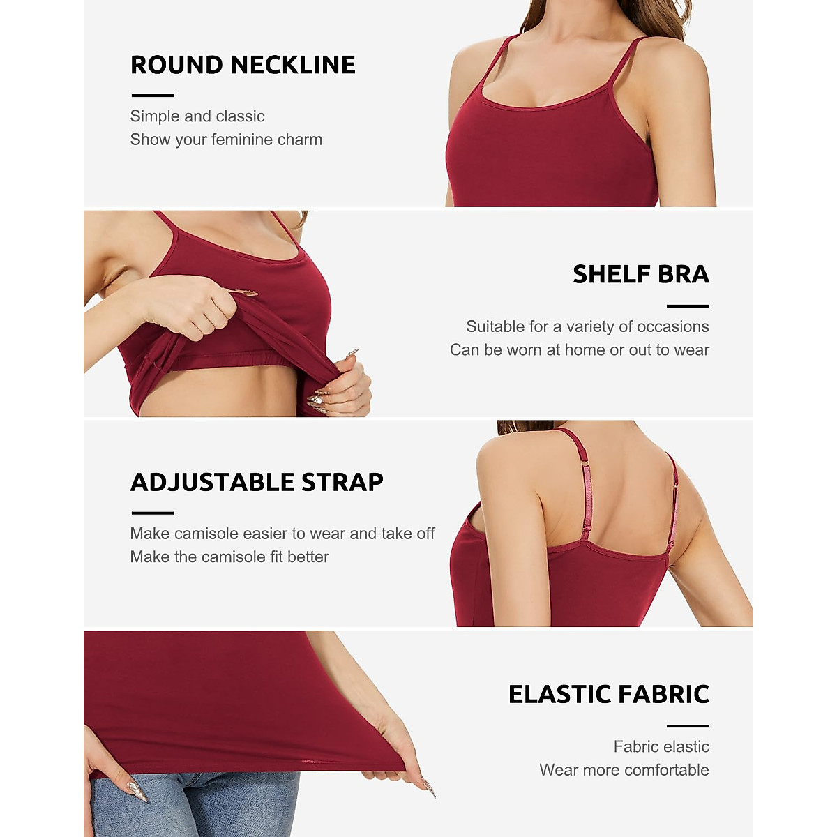 Accbiety 3-Pack Womens Camisole with Shelf Bra Adjustable Spaghetti Strap Cami Cotton Undershirt Tanks Black Navy Wine Red XL